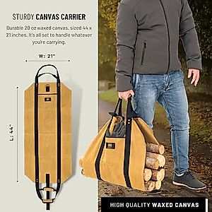 Log Carrier for Firewood Bag - 20oz Waxed Canvas wood carriers with Handles for Fire Logs storage- Fireplace and Campfire Accessories - Durable Waterproof Heavy-Duty Canvas Bag Carrier BROWN