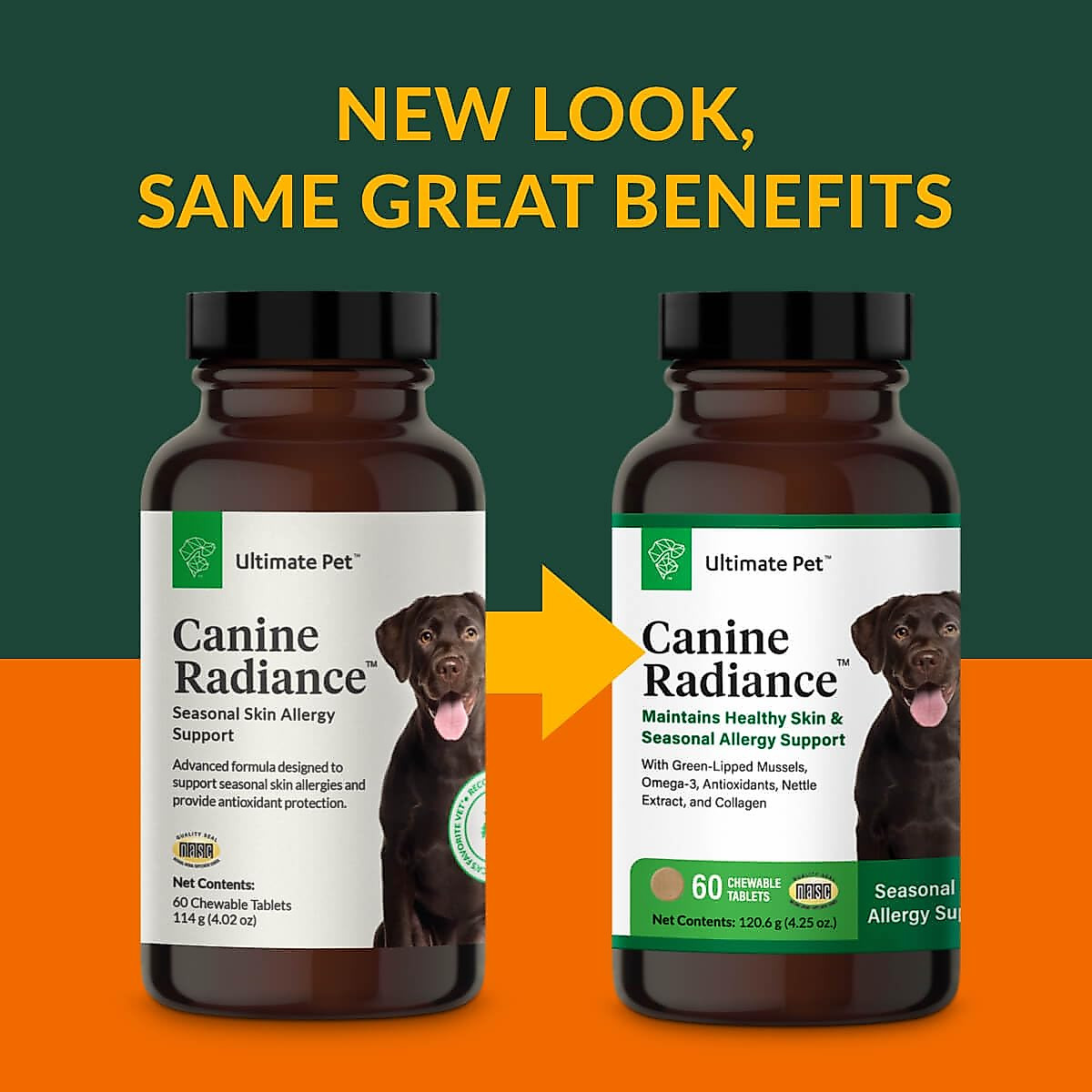 ULTIMATE PET NUTRITION Canine Radiance Skin Allergy Support Supplement for Dogs, Omega-3 Skin Hydration, Antioxidants to Prevent Itching and Strengthen Coat, 60 Chewable Tablets