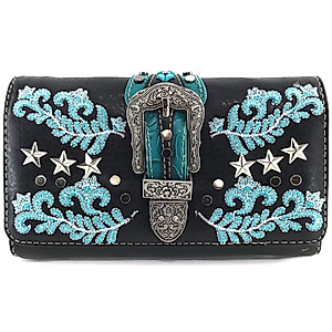 Zelris Western Buckle Star Floral Women Crossbody Wrist Trifold Wallet (Turquoise)