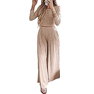 BTFBM Women's Two Piece Lounge Set Long Sleeve Bodycon Ribbed Knit Crop Top Loose Wide Leg Pant Casual Outfits Sweatsuit(Solid Apricot, Small)