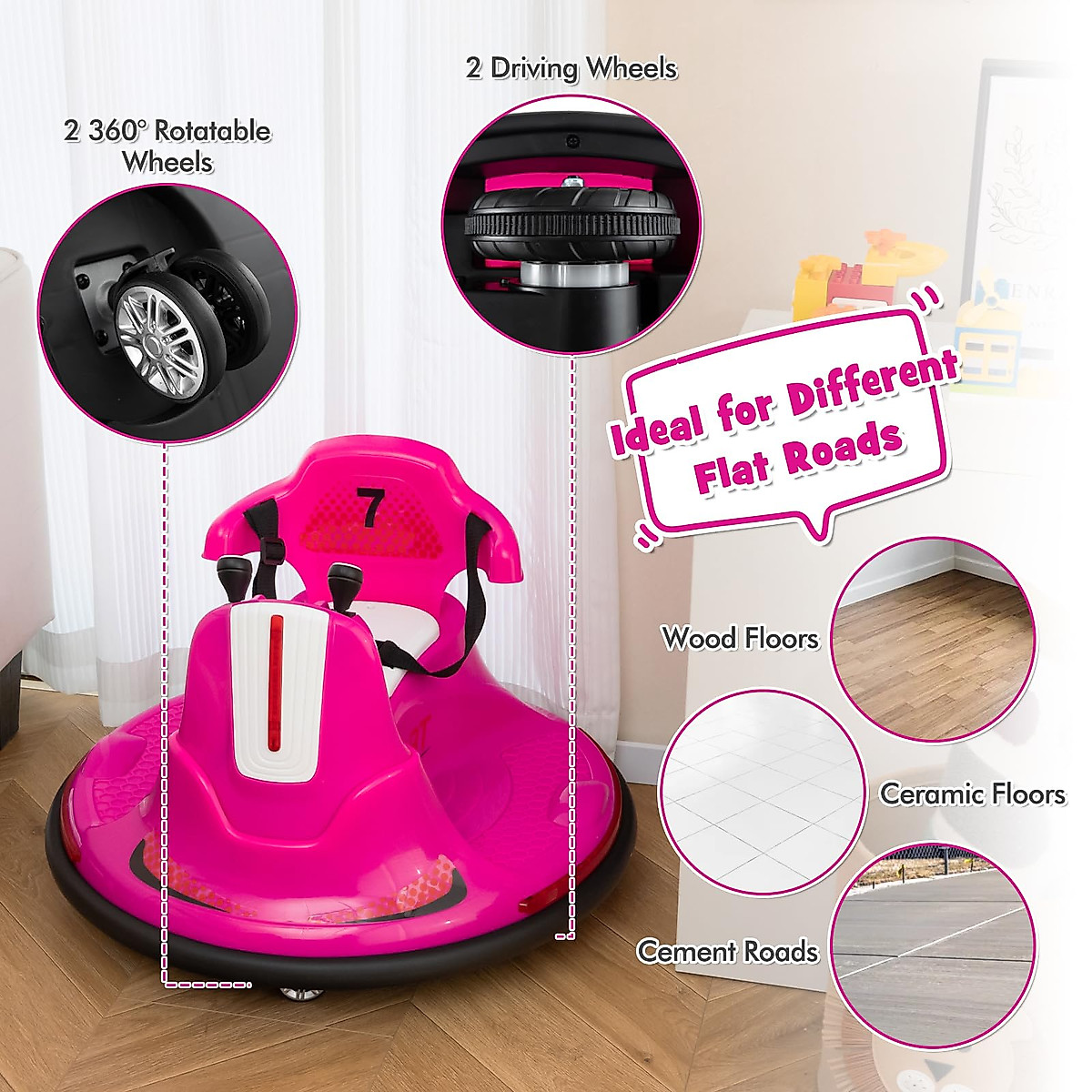 Costzon 12V Kids Ride On Bumper Car, Electric Bumper Car w/Dual Joysticks, Remote Control, 360° Spin, Slow Start Function, LED Lights & Fun Music, Adjustable Safety Belt, Soft Bumper (Pink)