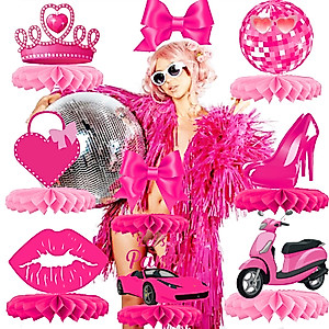 Pink Girls Birthday Decorations, Hot Pink Girls Bachelorette Party Honeycomb Centerpieces Disco Decoration,Table Topper for Doll Theme Party Western Cowgirl Bridal Shower Party Supplies (Pink Girl)