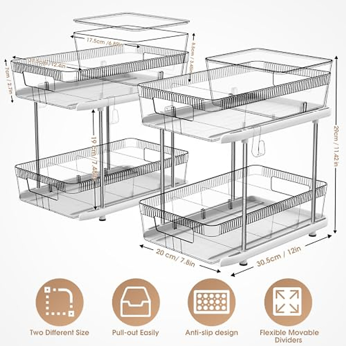 2 Tier Under Sink Organizers with Dividers and Lids, Snack Organizer for Pantry, Kitchen, Vanity, Medicine Drawer Storage (Adjustable)