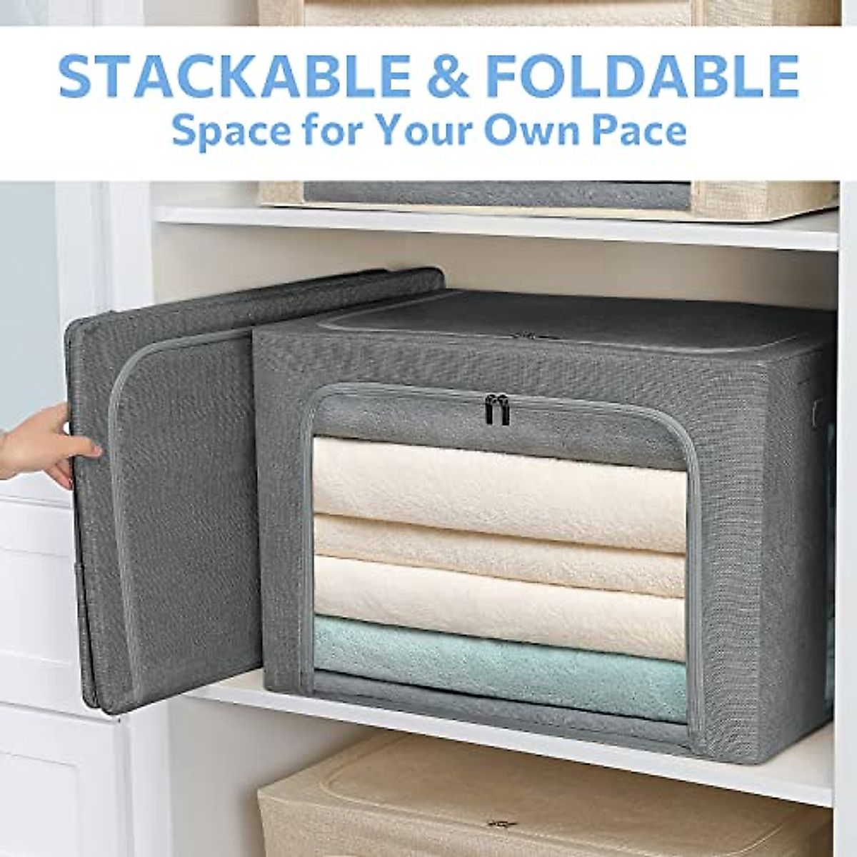 3Pack Foldable Storage Bins - Frame Storage Box Linen Fabric Stackable Clothes Container Organizer with Clear Window & Carry Handles Large Capacity (Medium-36L, Dark Gray)