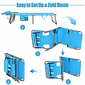 Giantex Beach Chair Chaise Lounge - Tanning Chair with Face Arm Hole, Detachable Pillow, Adjustable Backrest, Side Pocket, Carry Handle, Outdoor Folding Lounge Chair, Sunbathing Chair (1, Turquoise)