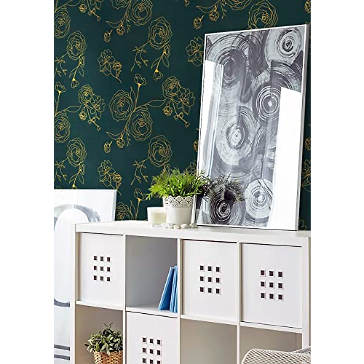 Safiyya Removable Wallpaper Floral Peel and Stick Wallpaper Gold and Teal Contact Paper for Cabinets Boho Wallpaper Contact Paper Peel and Stick Flower Contact Paper for Walls Vinyl Rolls 78.7"x17.3"
