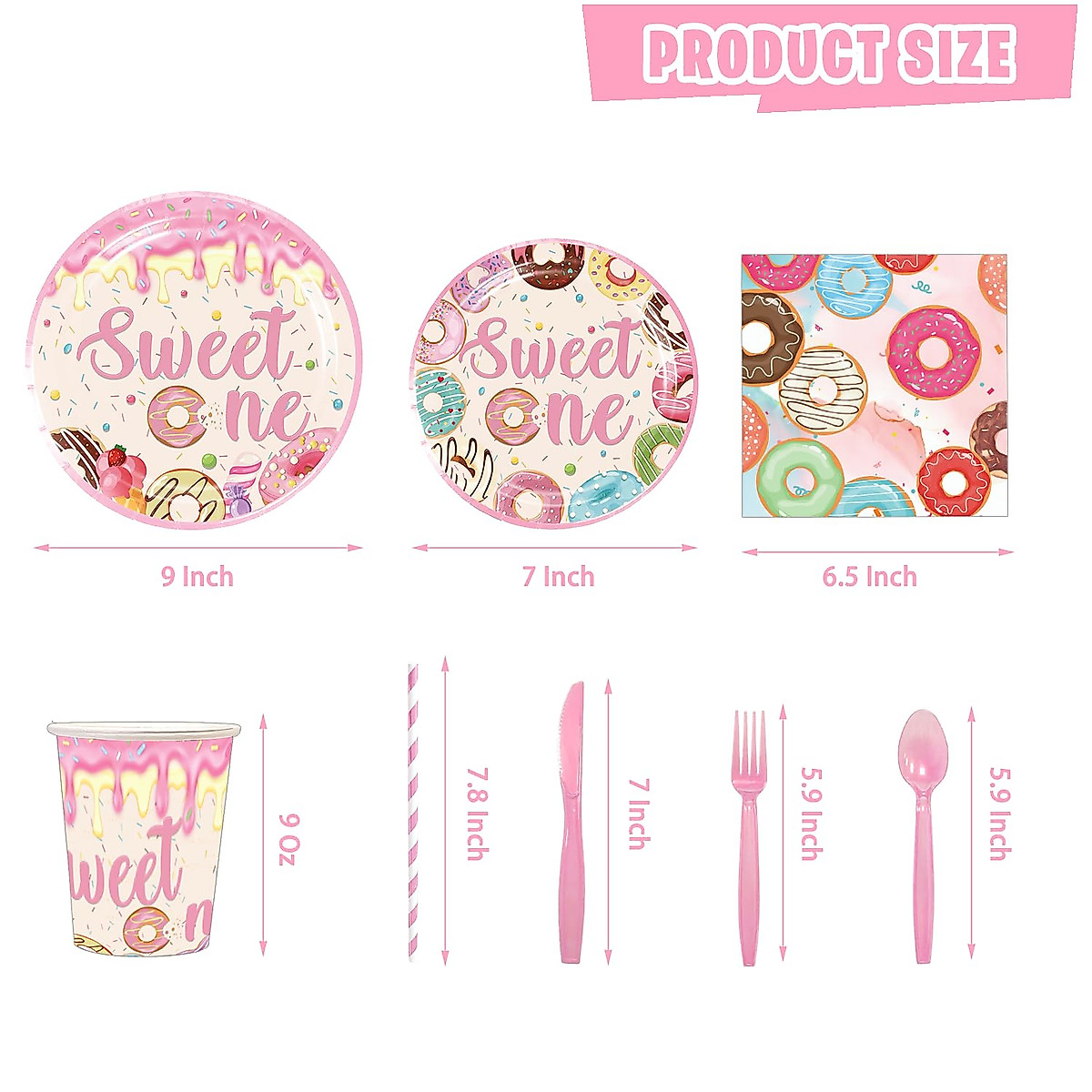 LXlucktim Donut Birthday Party Supplies for 1 Year Old Girl, 202 Pcs Sweet One Party Decorations for Girls Baby - Table Cover, Plates, Cups, Napkins, Utensils, Serves 25 Guests