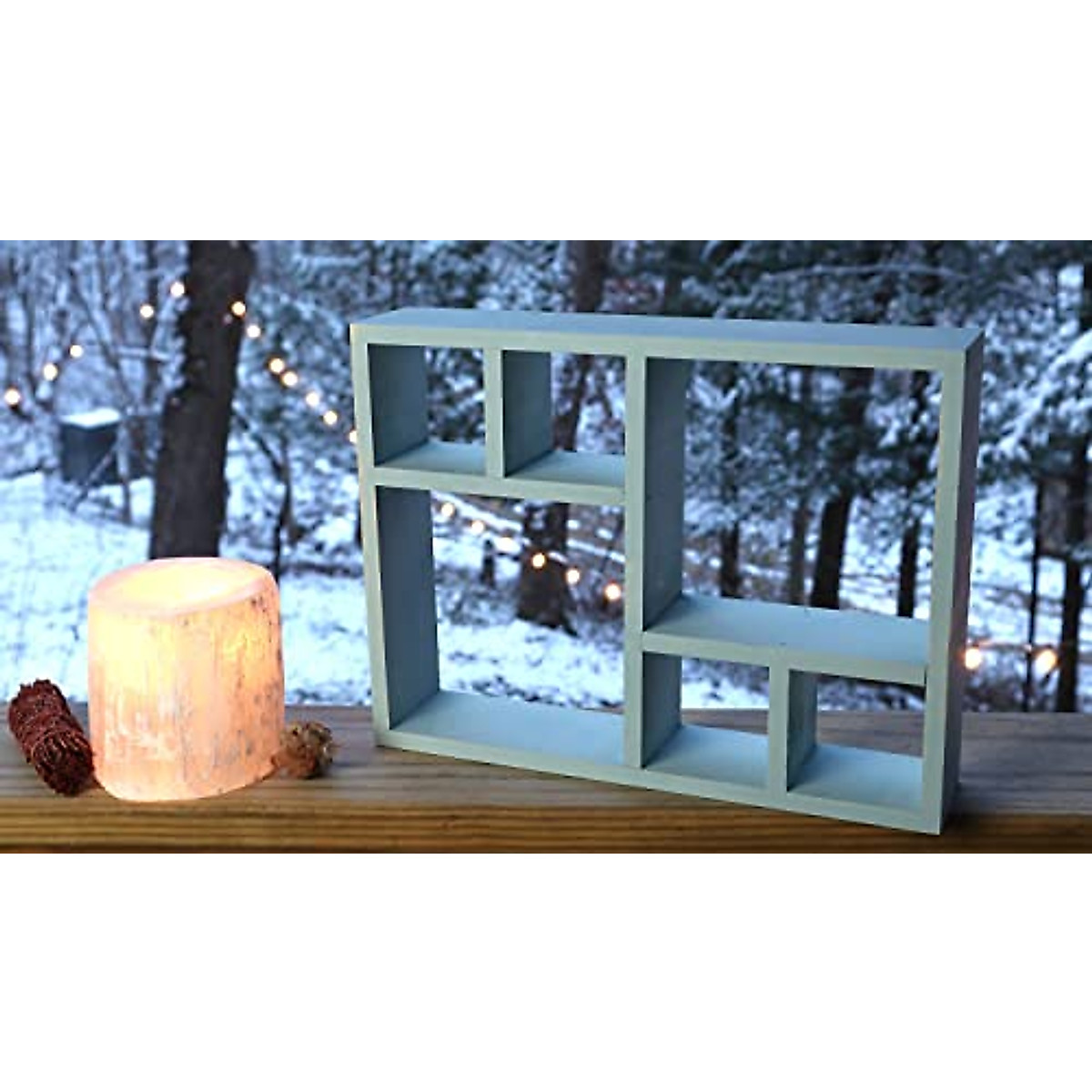 Mini Crystal Display Shelf by Shelf & Stone, Rustic Wall-Mounted Floating Shelf for Farmhouse Décor. Great Nightstand/Apothecary Shelf for Fossils, Reiki Crystals, Countertop Organizer (Patina Green)