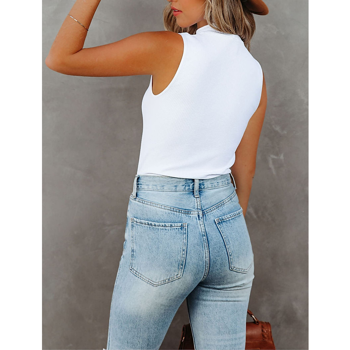 Areecin Women's Mock Neck Tank Tops Summer Sleeveless Pullover Tops Slim Fit Ribbed Shirts Casual Basic Blouses White L