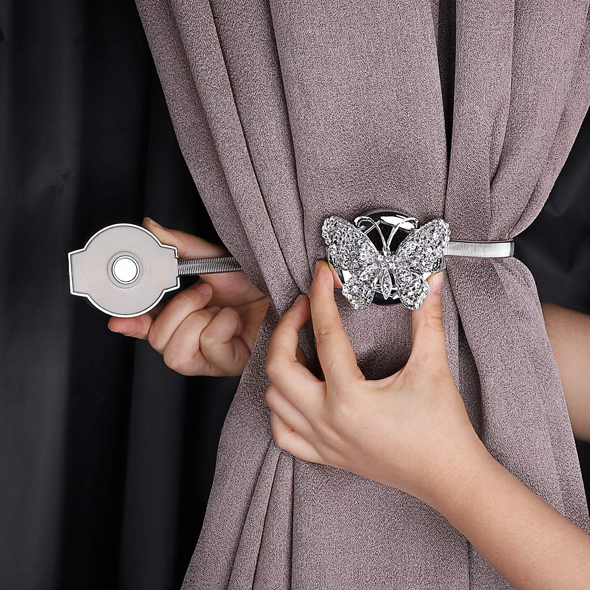 Sumnacon 2 Pcs Crystal Curtain Magnetic Tiebacks - Decorative Curtain Clips Buckle with Stretchy Wire Rope, Sparkling Drapery Holdsbacks for Home Office Decor