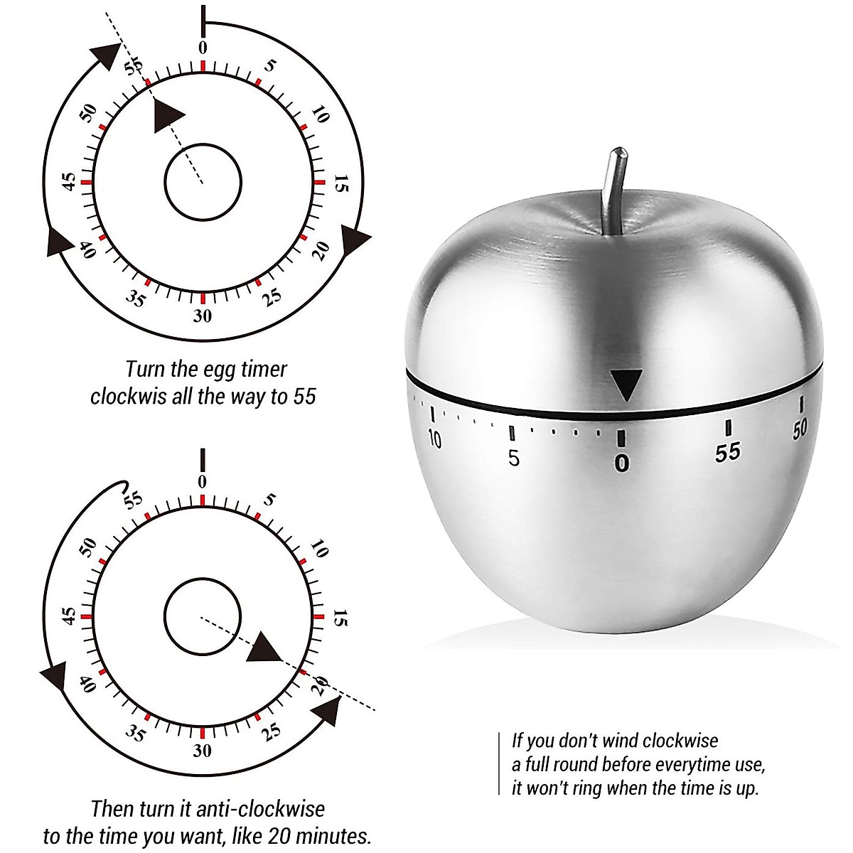 UD Apple Kitchen Timer Cute Manual, Stainless Steel Metal Mechanical Visual Countdown Cooking Timer with Loud Alarm for Kitchen Cooking Baking Sports Kids (Apple), A003