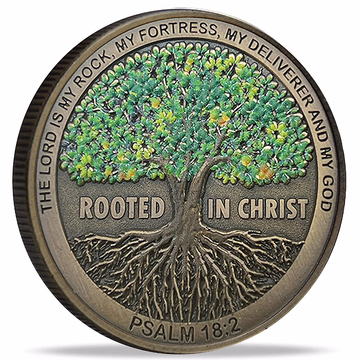 Rooted in Christ The Lord is My Rock, My Fortress, My Deliverer Faith-Based Christian Challenge Coin Bible Verse Gift (Single Coin)