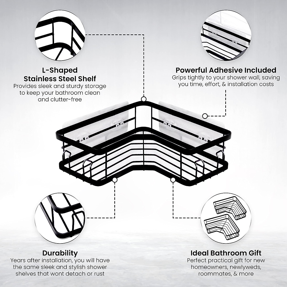Rapt Home Goods Corner Shower Caddy - 2-Pack Rustproof Stainless Steel Adhesive Shower Shelves for Bathroom & Bathtub Storage - Drill-Free, Large Capacity