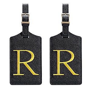 Travelambo Initial Luggage Tag, 2 Packs PU Leather Luggage Tags for Suitcases with Privacy Name Card, Travel Bag Baggage Tags for Luggage（R）
