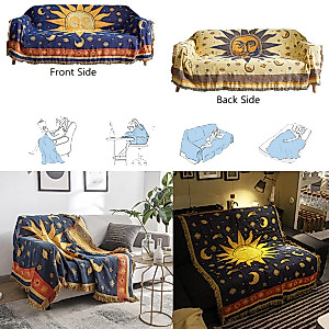 Hippie Throw Blanket Sun Moon Stars Boho Throw Blankets Celestial Tapestry Double-Sided Reversible Woven Cotton Home Decor Bedding Chair Couch Recliner Cover Oversized Tassels Astrology 50"x70"
