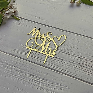 Mrs & Mrs Cake Topper-Wedding and Anniversary Cake Topper,Gay and Lesbian,LGBT Marriage Union,Love is Love (Mirror Gold Acrylic)