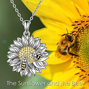 HUKKUN Sunflower Necklace Sterling Silver Sunflower with Bee Pendant Necklace You Are My Sunshine Sunflower Jewelry Gifts for Women