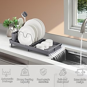 CLNGAI Expandable Dish Drying Rack, Compact Dish Drainer with Removable Utensil Holder,Space Saving Rust-Proof Small Adjustable Plate Rack for in Sink or Kitchen Counter (Gray)
