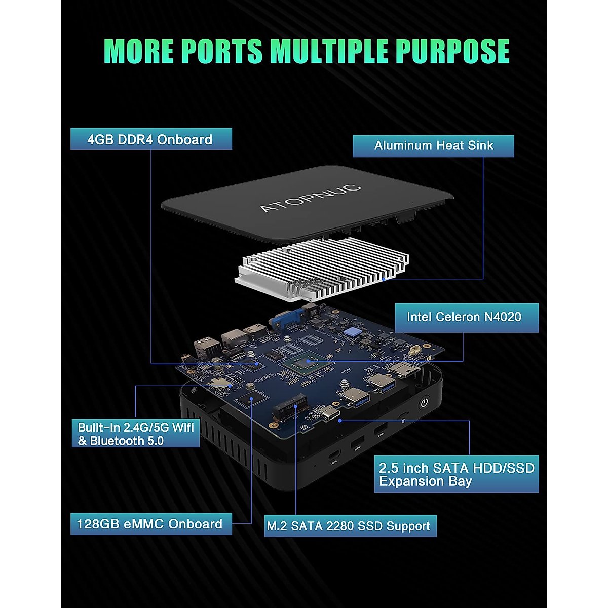 ATOPNUC Ubuntu Linux Mini PC,Intel Celeron N4020 Linux Computer 4GB RAM 128GB eMMC,Fanless Micro Desktop Computer Suppport HDMI&VGA,2.4/5G WiFi,BT5.0,Gigabit Ethernet for Business, Home