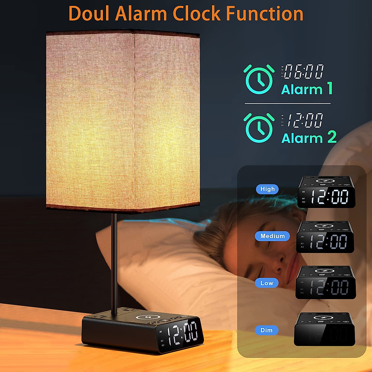 Bedside Lamp with USB Ports & AC Outlets, 15W Wireless Charger Table Lamp with Clock, 3 Way Dimmable Nightstand Lamps for Bedroom Living Room,Touch Lamp with Charging Station,Grey Shade & Black Base