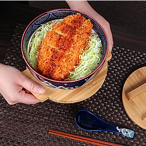 Happy Sales, Japanese Kamameshi Vintage Style Rice Noodle Ramen Bowl with Bamboo Lid Trivet Chopsticks and Porcelain Spoon Bowl Set (BlueRabbitMoon)