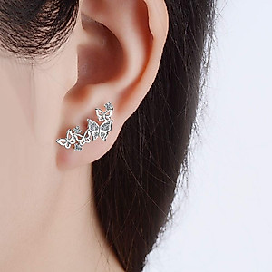 Hollow Butterfly CZ Cuff Wrap Studs Earrings for Women Pierced Ear Sterling Silver Plated Fashion Cubic Zirconia Crawler Climber Hypoallergenic