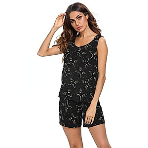 ENJOYNIGHT Womens Pajamas Set Cute Sleeveless Print Tank and Shorts Pj Set Summer Sleepwear (Medium, Black Cat)