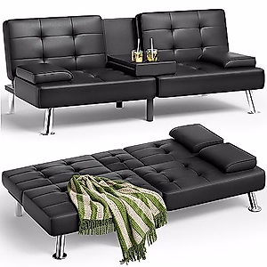 JUMMICO Faux Leather Upholstered Modern Convertible Folding Futon Sofa Bed with Removable Armrests, Adjustable Recliner Couch Bed Loveseat with 2 Cup Holders for Living Room