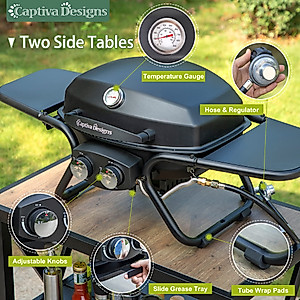 Captiva Designs Portable Propane Grill, 15,000 BTU Output TableTop Liquid Gas Grill with 2 Stainless Steel Burners, 275 sq.in. Cooking Area with Side Tables