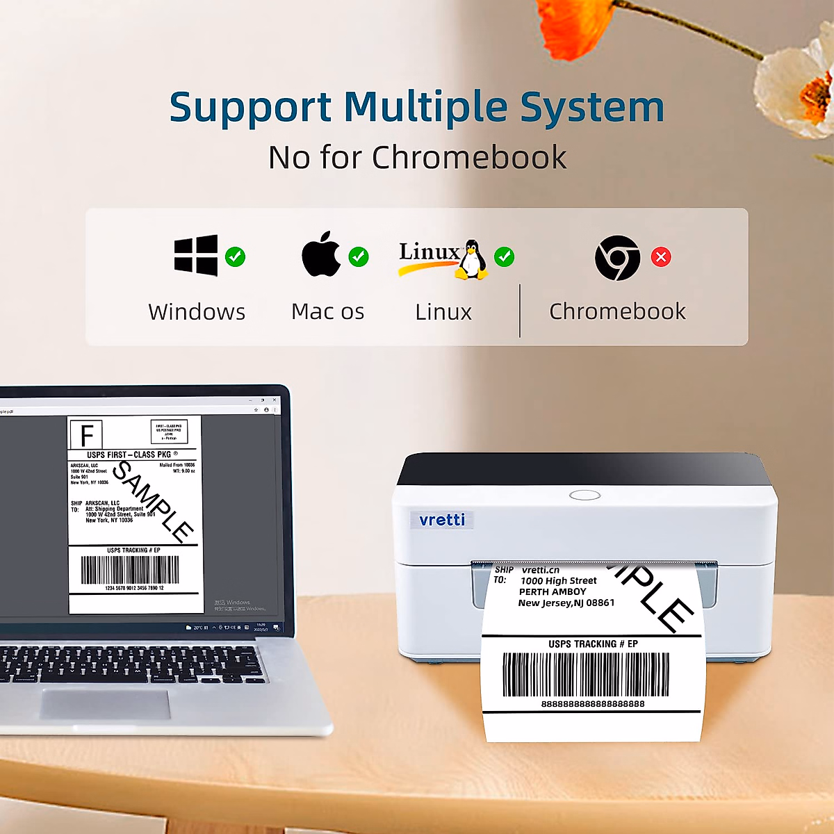 vretti Shipping Label Printer, 4x6 USB Desktop Barcode Label Printer for Small Business & Shipping Packages Compatible with Mac, Windows, Linux, UPS, USPS