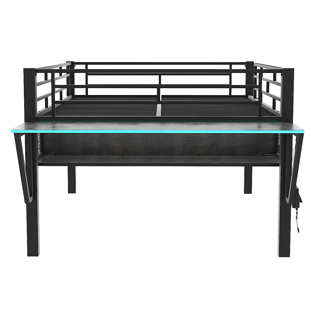 HZSSDTKJ Full Size Mid Metal Loft Gaming Bed with Desk and LED Lights, Modern Steel Loft Bed Frame with Inclined Ladder and Safety Guardrail for Kids Teens Girls Boys, Easy Assemble (Black-08, Full)