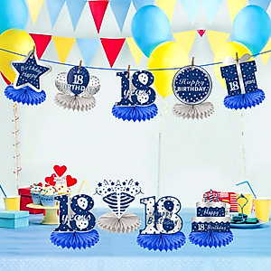 Kauayurk 8Pcs 18th Birthday Decorations Table Centerpiece Party Supplies, Blue Silver Happy 18 Year Old Birthday Honeycomb Centerpieces, Eighteen Birthday Table Topper Decor