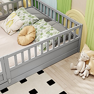 CITYLIGHT Full Floor Bed with High Rails, Wood Montessori Floor Bed with Door Design, Kids Full Bed Frame for Boys Girls Children,No Bed Slats,Grey