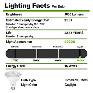 hykolity Outdoor Led Flood Light, Waterproof PAR38 LED Bulb, Dimmable, 15W=150W, 5000K Daylight, 1600lm, E26 Base, UL Listed (6 Pack)