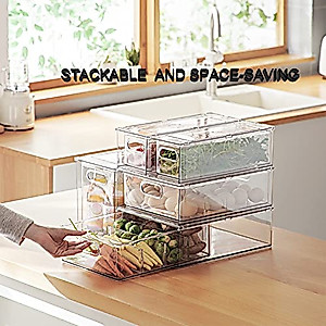 Abiudeng 2 Pack Stackable Refrigerator Organizer Bins with Pull-out Drawer, Drawable Clear Fridge Drawer Organizer with Handle, Plastic Kitchen Pantry Storage Containers