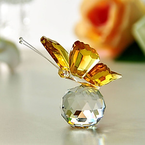 H&D Crystal Flying Butterfly with Crystal Ball Base Figurine Collection Cut Glass Ornament Statue Animal Collectible (Yellow)