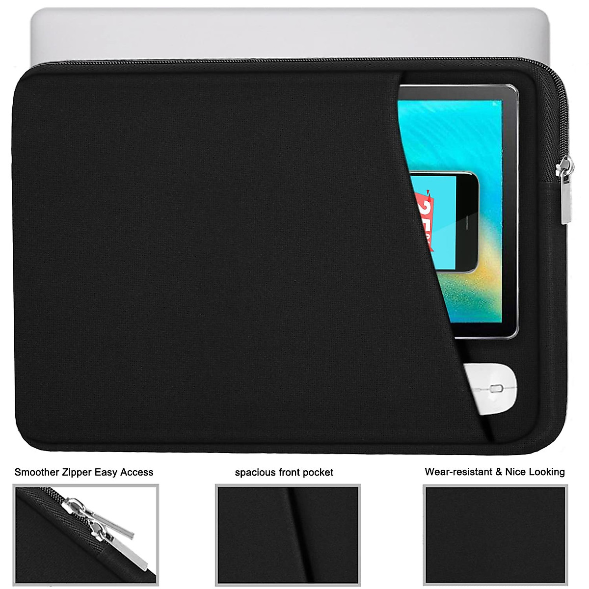 Laptop Sleeve 15.6 inch, Durable Briefcase Cover Shockproof Protective Case, Handbags Portable Laptop Bag for 15.6 inch HP Dell Asus Lenovo Notebook Computer, Laptop Case with Front Pocket, Black