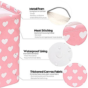 Hinwo 3-Pack Cubic Organizer Shelf Bins, Canvas Fabric Storage Baskets with Handles, 22L/5.8-Gal Square Storage Bins, Cubes, Collapsible Storage Box, 11 x 11 x 11 Inches (S, Pink Heart)