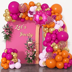 Ouddy Life 175Pcs Hot Pink and Orange Balloons Arch Garland Kit, Pink and Orange Party Decorations with Gold Balloons Foil Flowers for Women Wedding Bridal Tropical Bachelorette Birthday Decor
