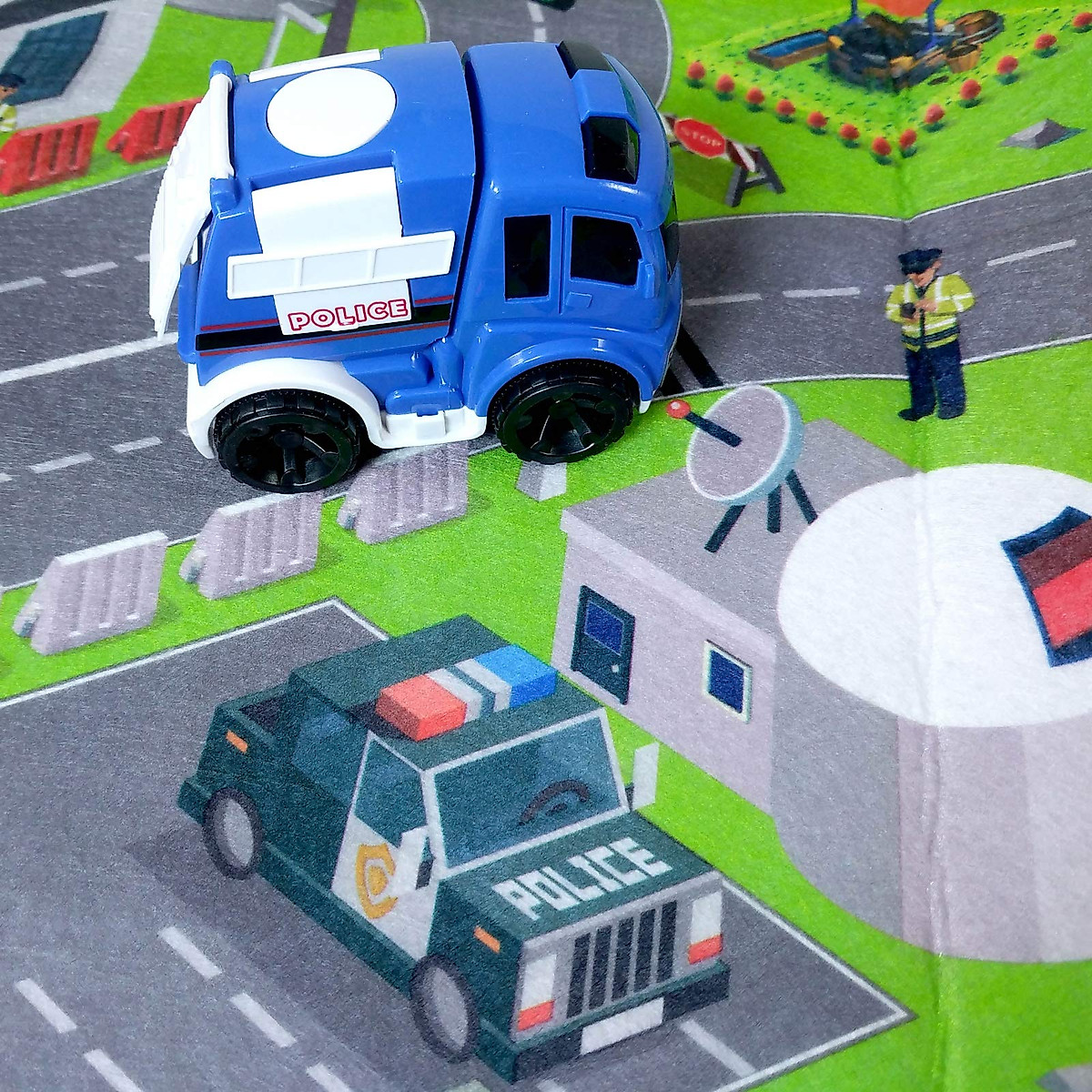 Kidplokio 8pc City Transport Playmat Set Friction Power Police Cars Boys 3 and Up