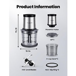 TWOMEOW Food Processor 4 Cup, Electric Food Chopper, 【Small but Powerful】Meat Grinder with 2 Bowls, 2 Speed & 4 Blades for Vegetable, Meat, Nuts, Functions for Chopping, Dicing, Mixing and Puree
