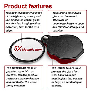 5X Mini Pocket Magnifier Glass, Small Folding Magnifying Lenses with 360 Rotating Protective Leather Sheath for Seniors Reading, Inspection, Coin, Jewelry, Exploring, Elders Gift, 2 3/8'' Lens Size