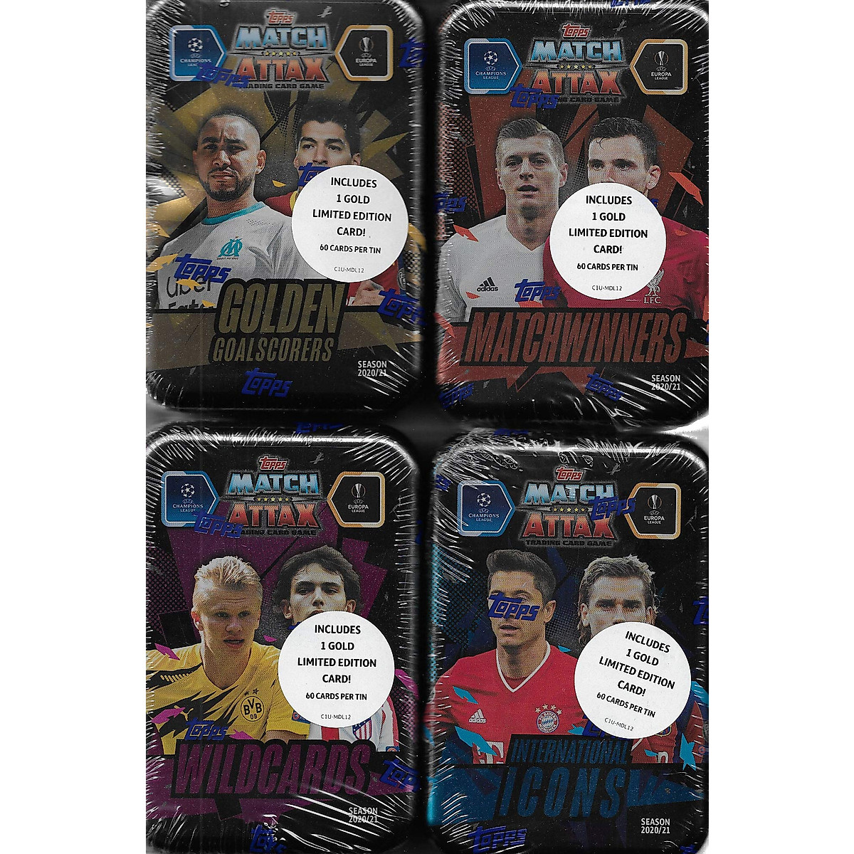 Match Attax 2020 2021 Topps UEFA Champions League Soccer Trading Card Game Sealed MEGA Collector's Tins with Bonus Gold Cards and Exclusive Inserts (4 Tin Lot Including one of Each Different Type)
