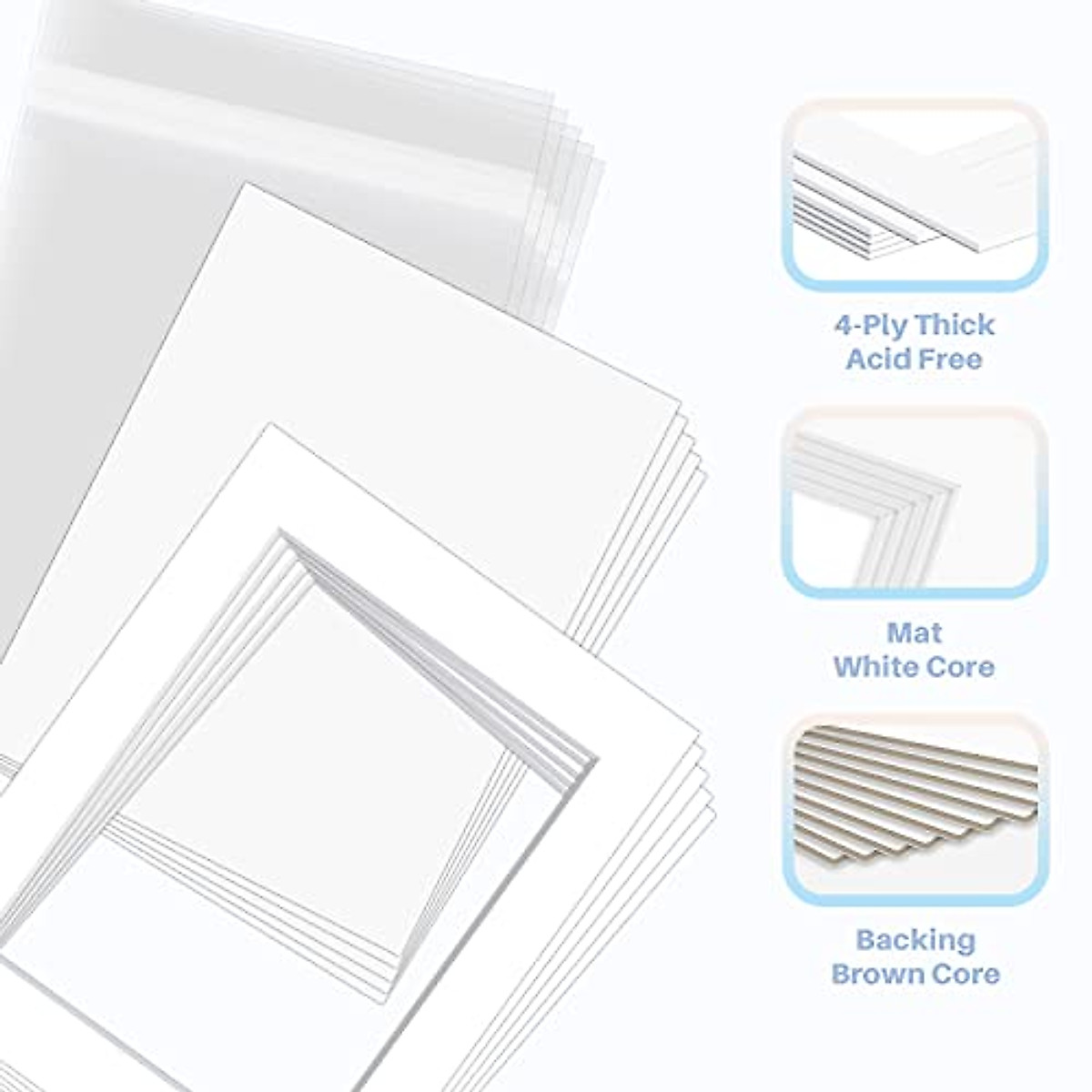 AUEAR, 5 Pack White 11X14 Bevel Cut White Core Picture Mat for 8.5X11 Photo/Print/Artworks - 5 Pre-Cut Acid Free Picture Frame Mat + 5 Backing Board + 5 Clear Bag