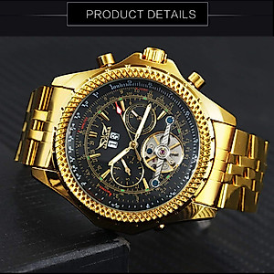 JARAGAR Golden Stainless Steel Tourbillion Design Calendar Display Mens Watches Brand Luxury Automatic Mechanical Wrist Watch