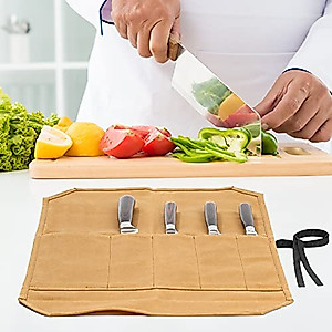 Knife Roll Bags, 16oz Waxed Canvas Knife Holder (5 Slots & Specialized Anti Cutting Fabric), Multi-Purpose Knife Pouch with Tie Rope, Khaki