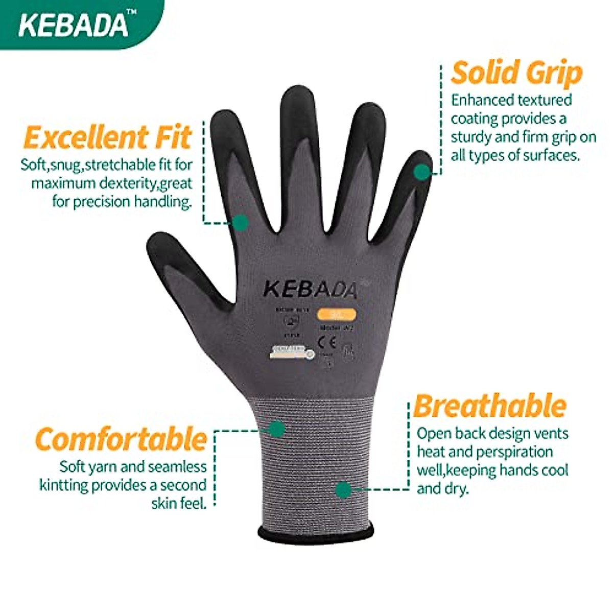Kebada W2 Work Gloves for Men and Women, Touchscreen Working Gloves with Grip, Nitrile Coated Work Gloves for Gardening, Package Handling, Stretchy Gloves for Mechanic Work, 2 Pairs, Small