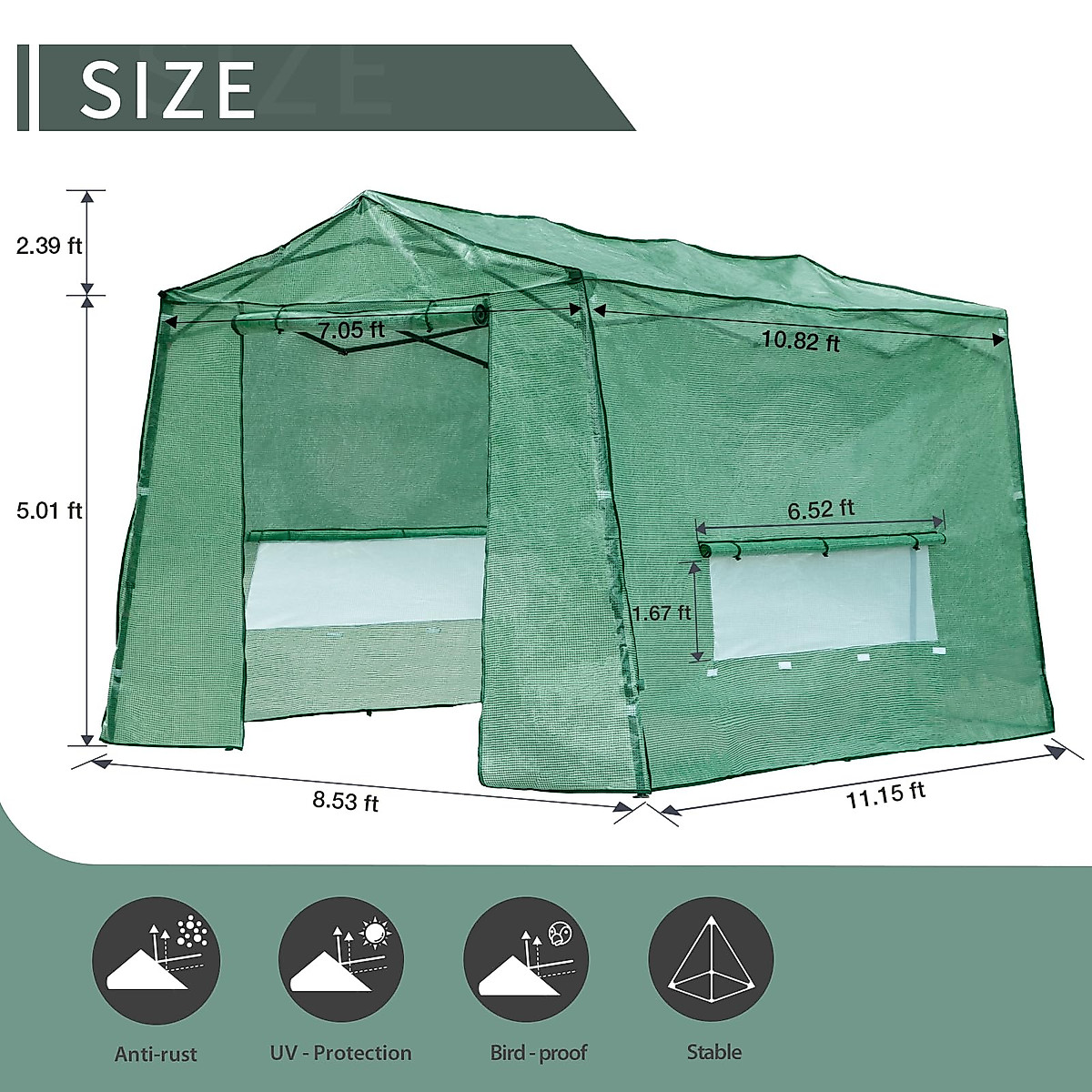 Joyside Walk-in Greenhouse 8.5 Ft x 11 Ft Pop-up Outdoor Green House Plant Gardening Canopy, Roll-up Zipper Entry Doors and 2 Large Roll-Up Side Windows with Garden Hand Shovel(Large, Green)