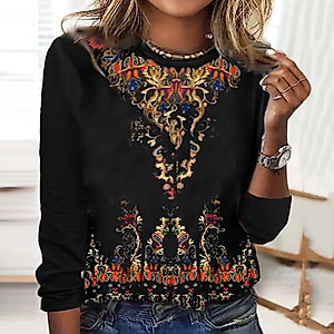 Womens Casual Long Sleeve Crew Neck Flower Printed T Shirt Top Full Sleeve Slim Fit Blouse Shirts Three Button Thermal