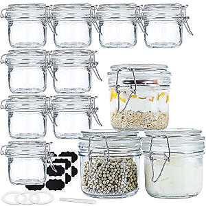 Folinstall 7 oz Glass Jars with Airtight Lids 12 Pcs, Small Mason Jars with Hinged Lids for Kitchen Storage, Canning and Pantry, Includes 3 Replacement Silicone Gaskets and Chalkboard Labels